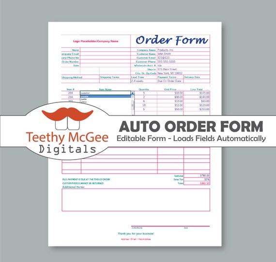 Automatic Order Form Template Instant Download Editable