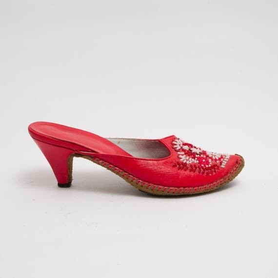 1990’s Red Mules – Vintage Leather White Pearls Rhinestone Heel Sandals ...