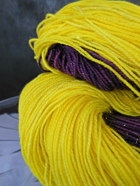 Purple and Yellow Glitter Hand Dyed Yarn Superwash by LoveKnitCozy