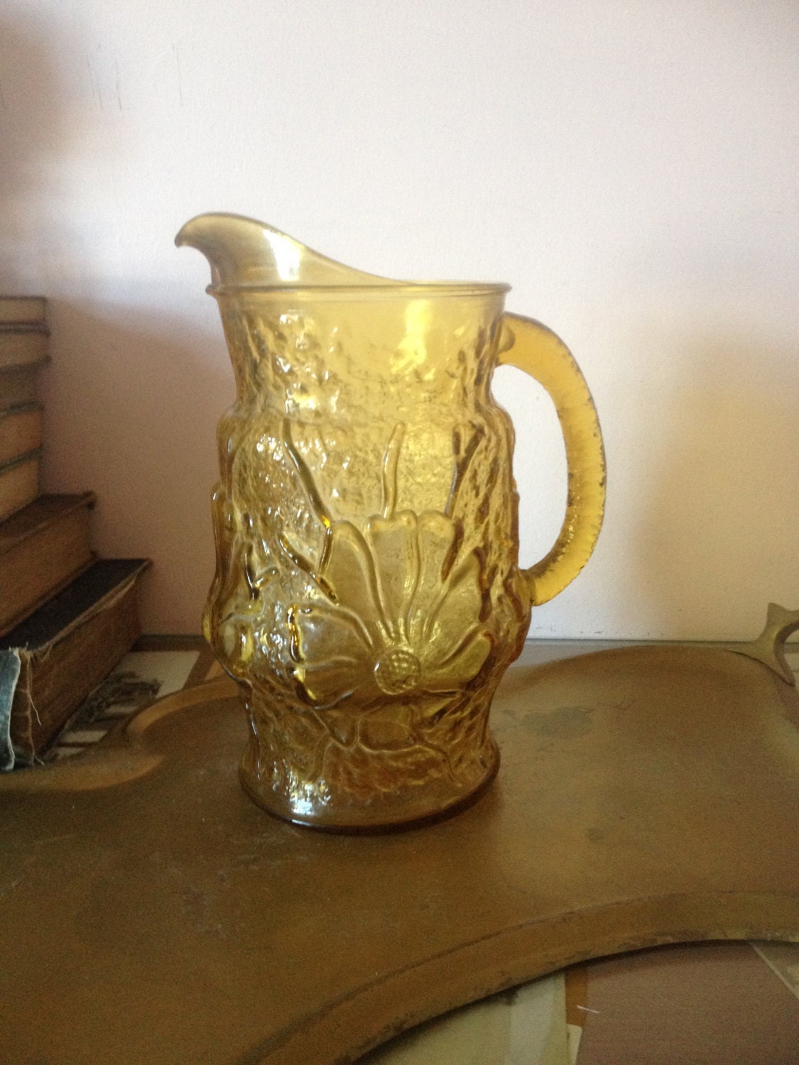 AMBER GLASS PITCHER 70’s style Rain Flower pattern by Anchor Hocking ...