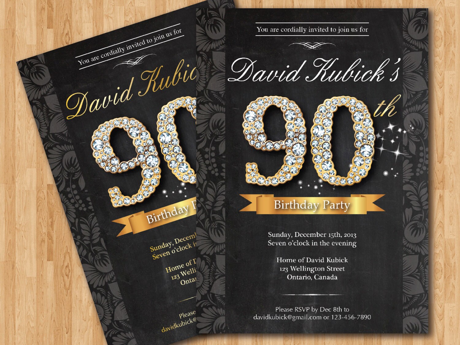 90th Birthday Invitation Black And Gold Diamond Number