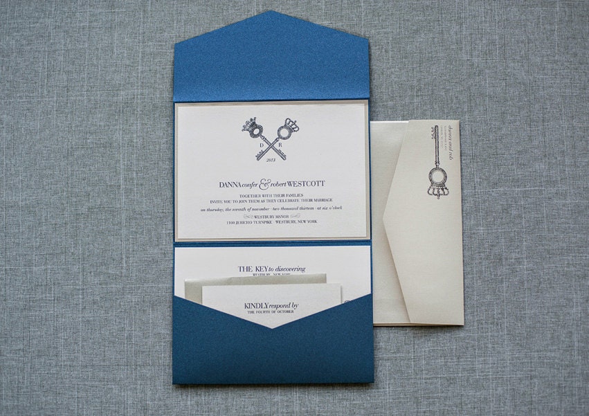 Navy Blue and Gold Antique Key Pocket Wedding Invitation – Skeleton Key ...