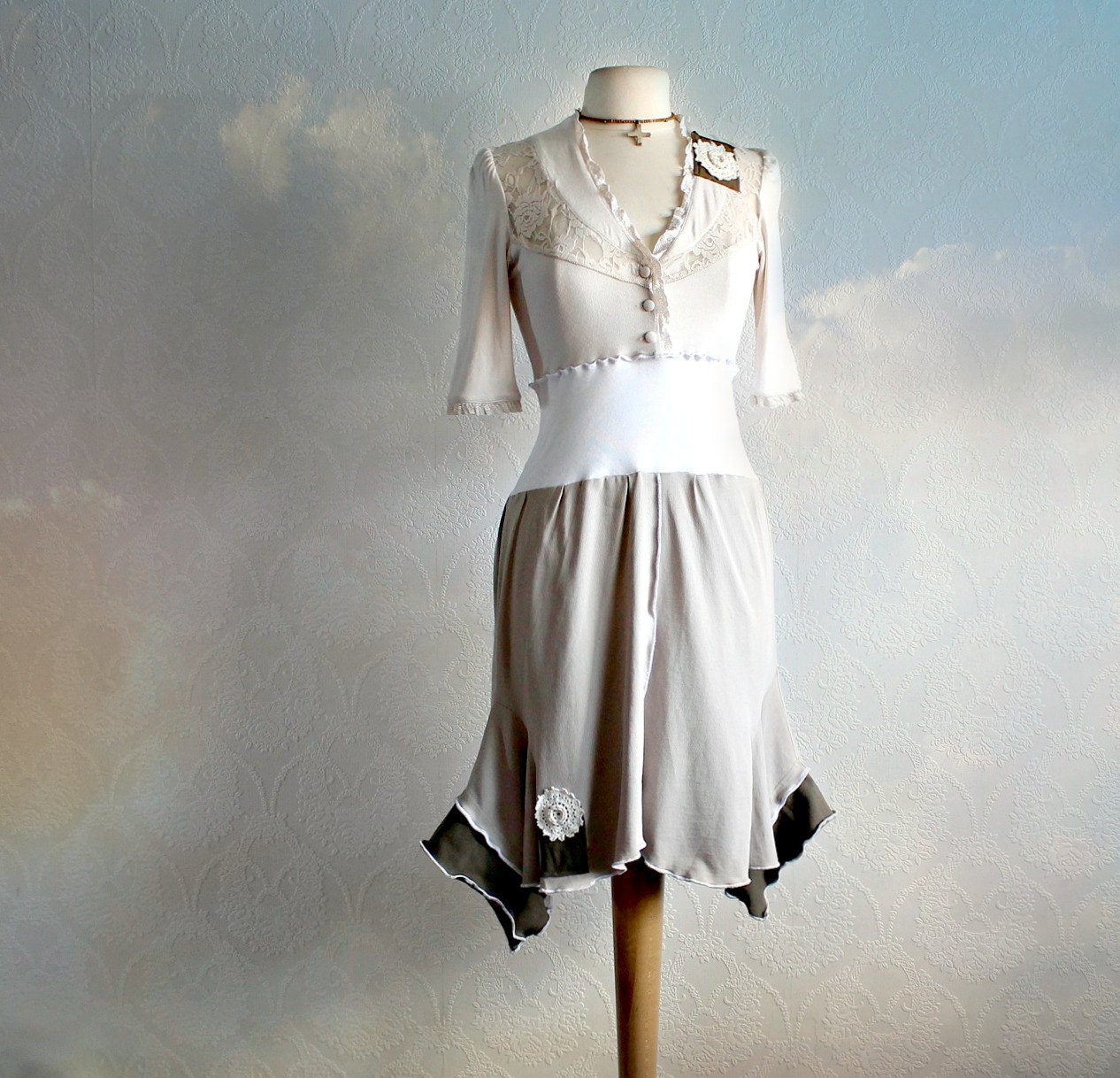 Beige Women's Dress Shabby Chic Upcycled Clothing Recycled