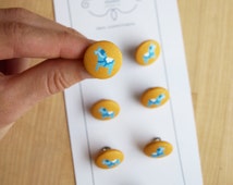 7 Dala Horse Fabric-Covered Buttons in Orange and Blue 3/4"