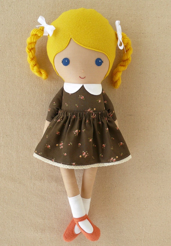 Fabric Doll Rag Doll Girl In Brown Floral Dress