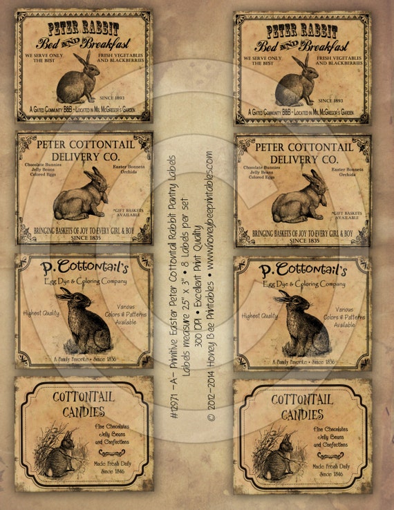 Prim Easter Peter Rabbit Cottontail Pantry Farmhouse Labels