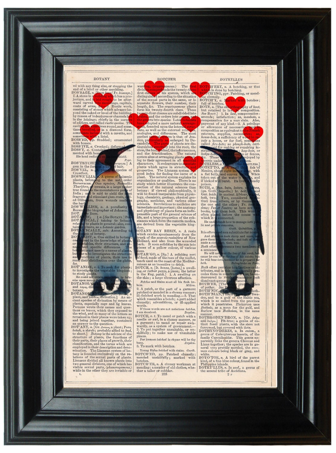 Penguins in Love dictionary art print book page antique