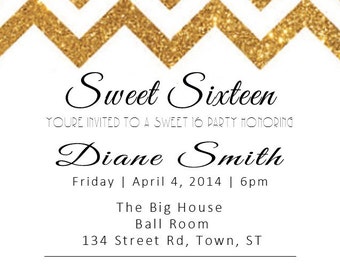 Chevron Gold Glitter Invitation PDF or JPG File