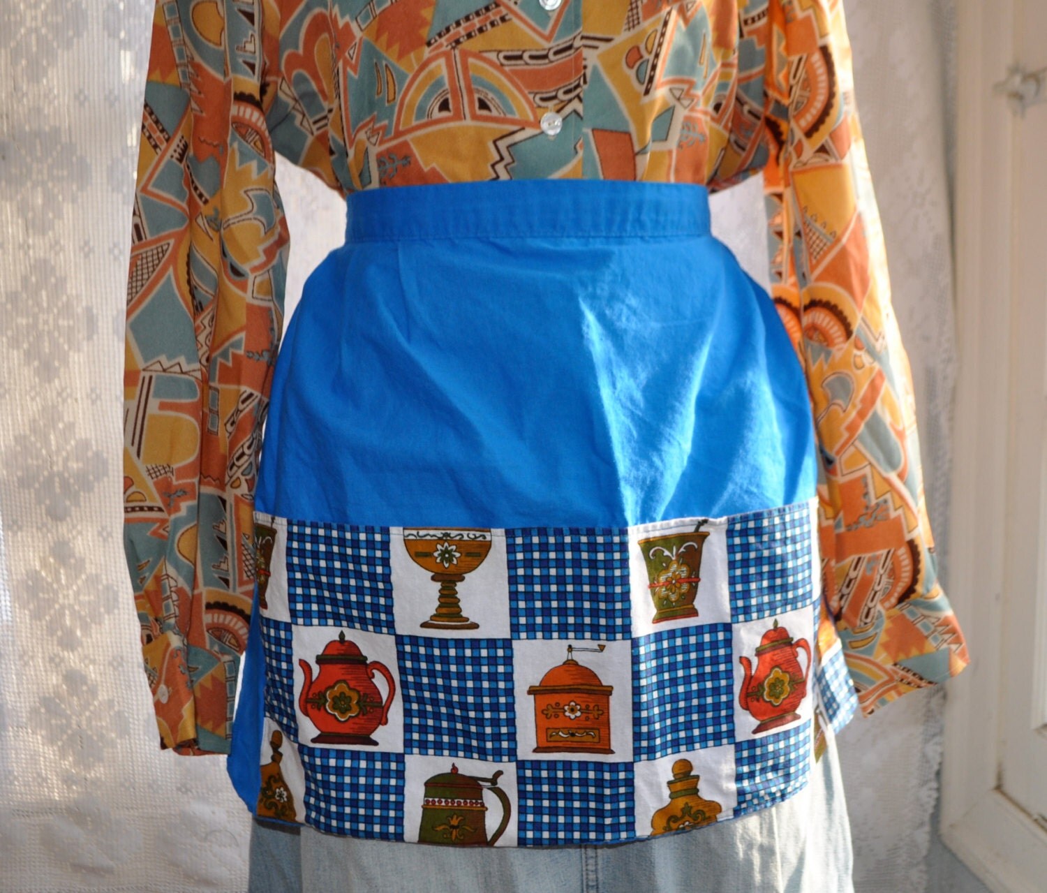 Fun Retro Apron/1970s Vintage/Cotton Serving Apron/Bright Blue Kitchen ...