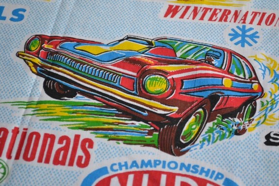 Vintage Fabric Hot Rod Drag Racing NHRA 2 Curtain Panels