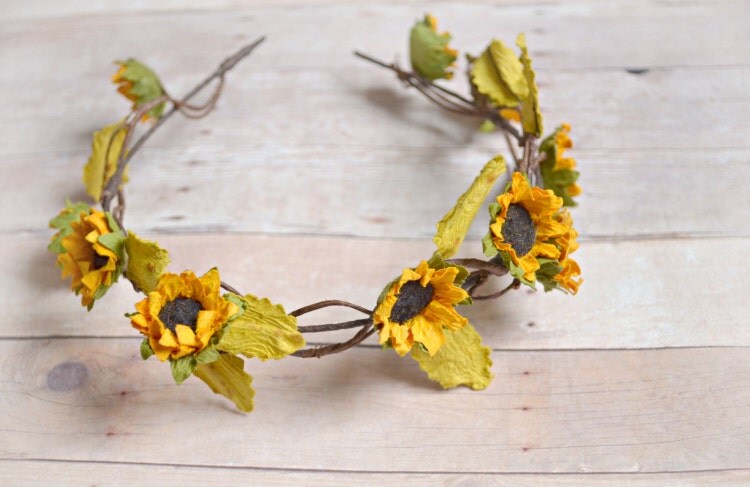 Sunflower crown floral headband rustic hair by gardensofwhimsy