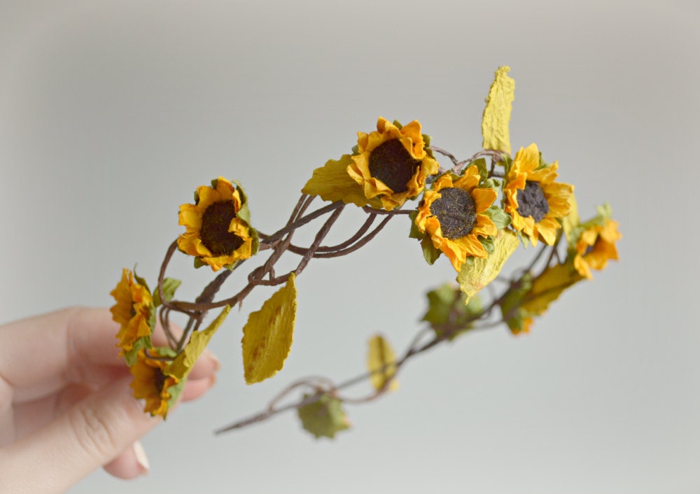 Sunflower crown floral headband rustic hair by gardensofwhimsy