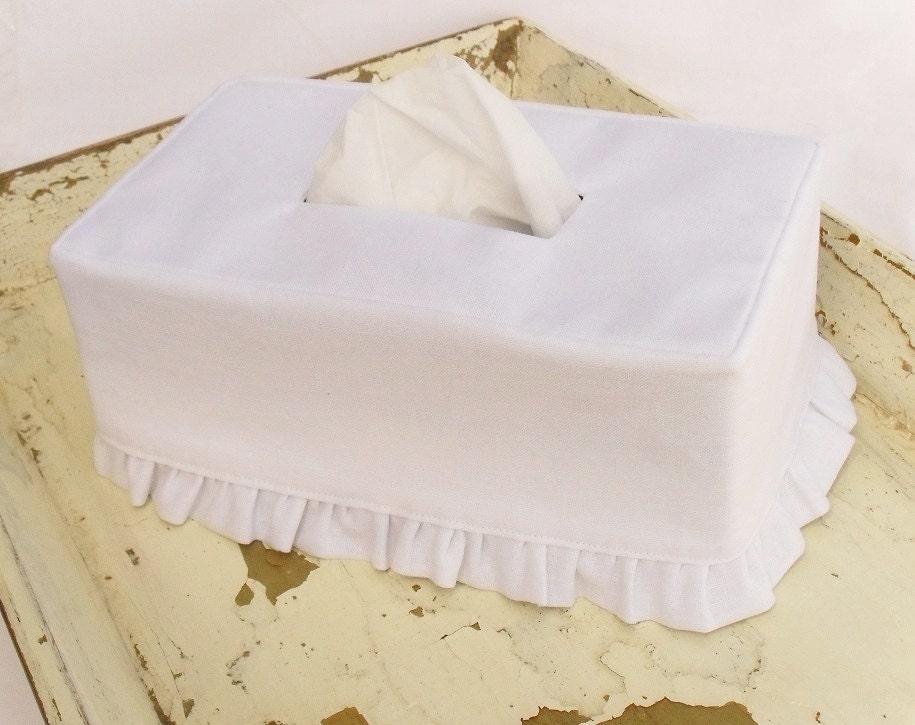 White Linen Ruffle Rectangle Tissue Box Cover