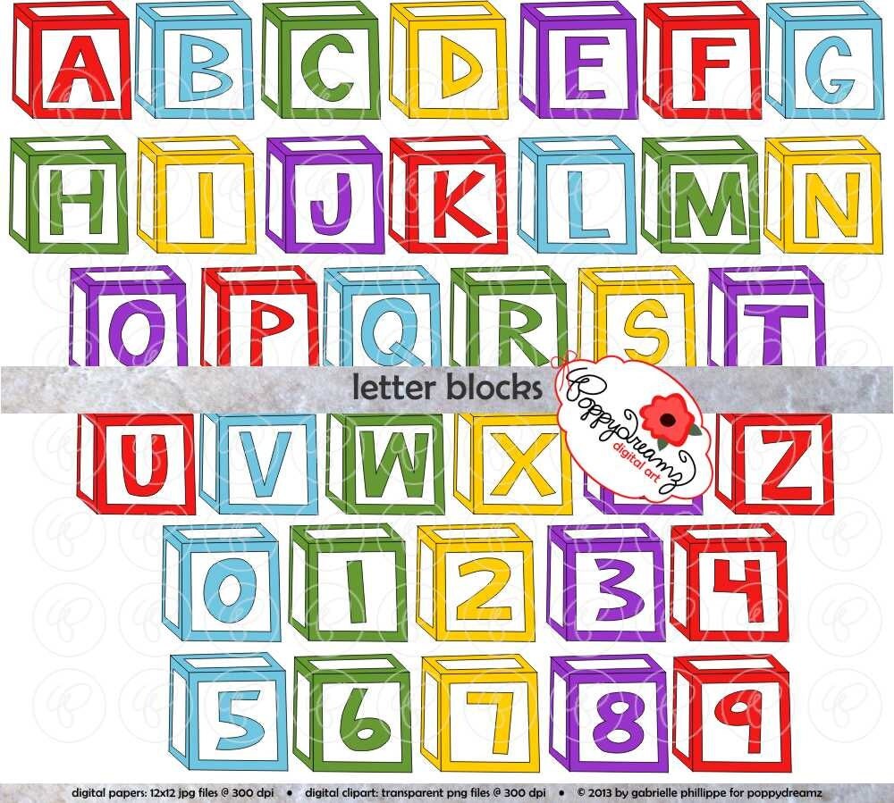 Letter Blocks Alphabet and Numbers: Clip Art Pack 300 dpi
