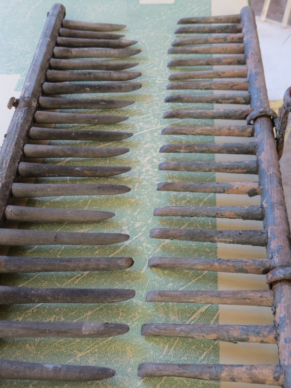 Two Primitive Antique Wooden Peg Rake Heads: 1800s Handmade