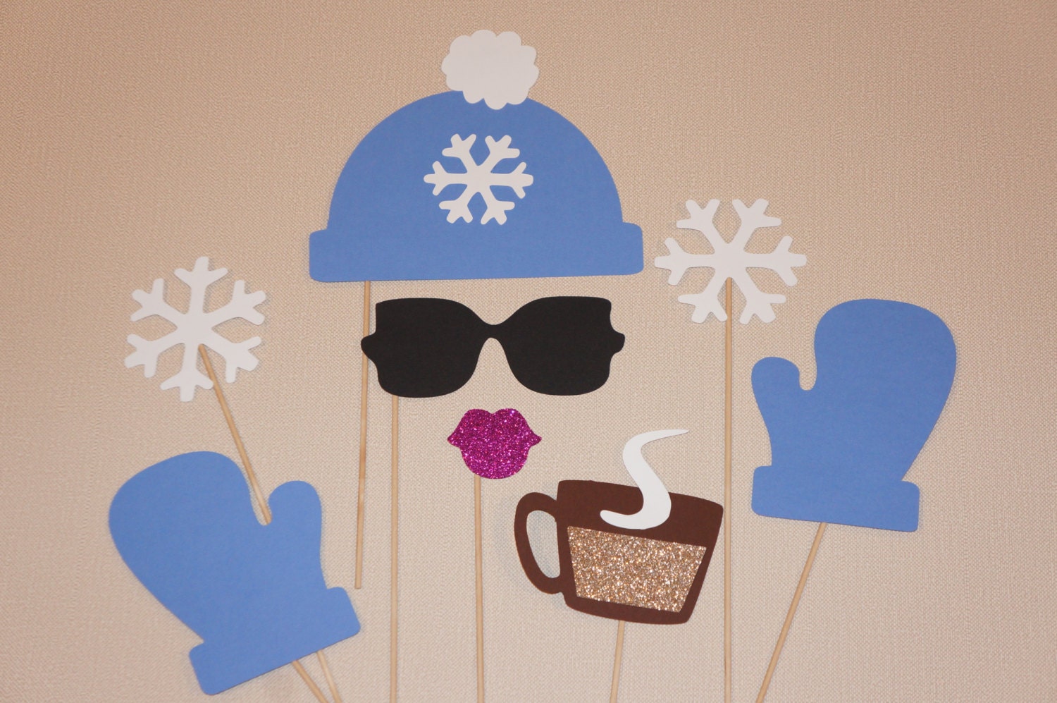 Winter Photo Booth Props 8 piece set GLITTER Photobooth