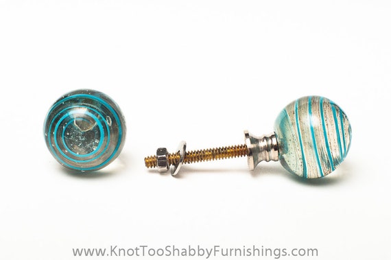 Items similar to Small Clear Glass Knob with Blue Stripes-Set of 8 on Etsy