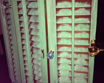 Distressed wooden shutters, jewelry display, organizer, key hook