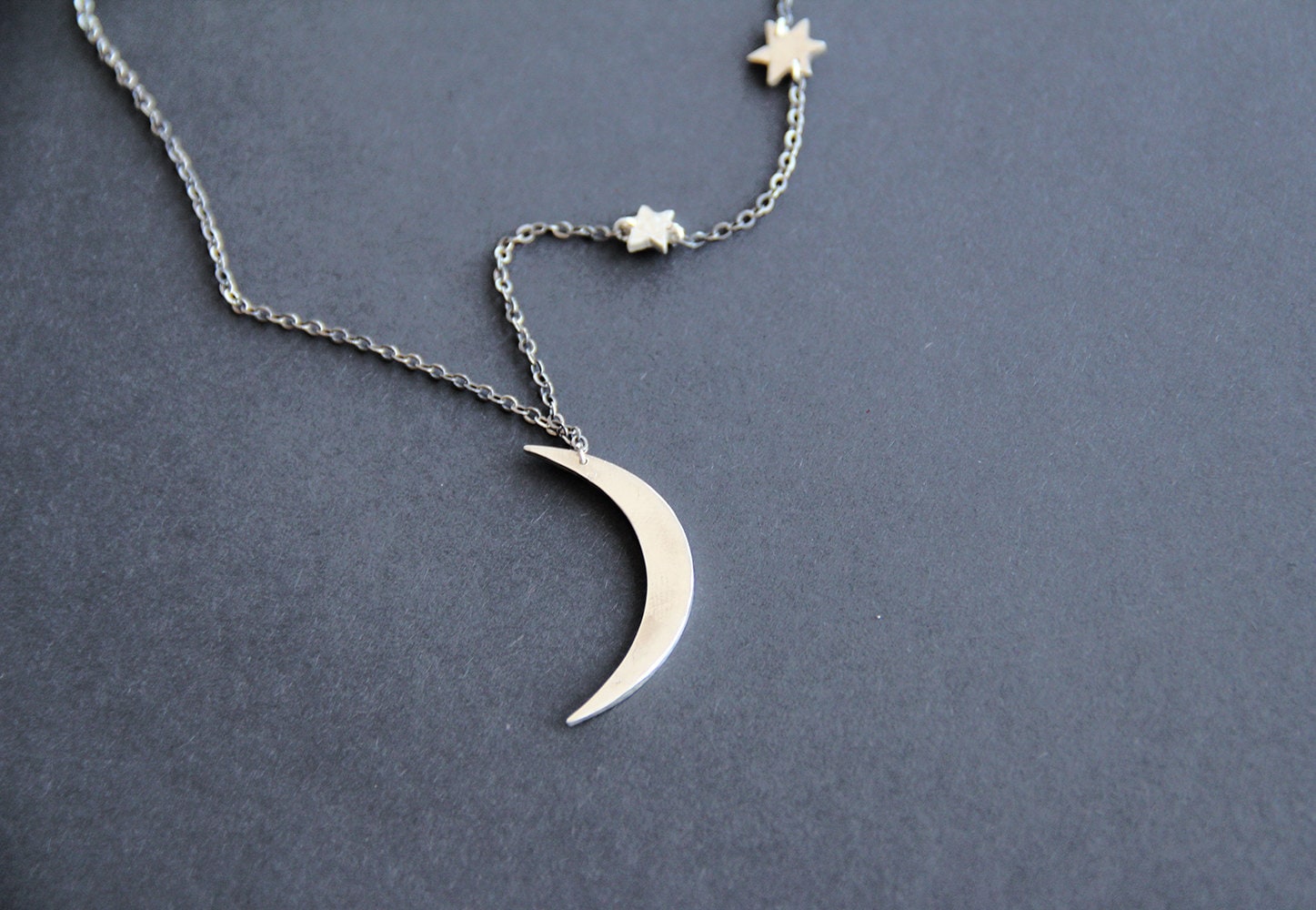 Silver Crescent Moon Star necklace with Oxidized sterling