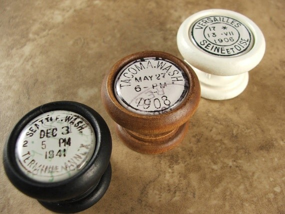 Handmade Postmark Knobs Pulls Handles in Wood for Cabinet