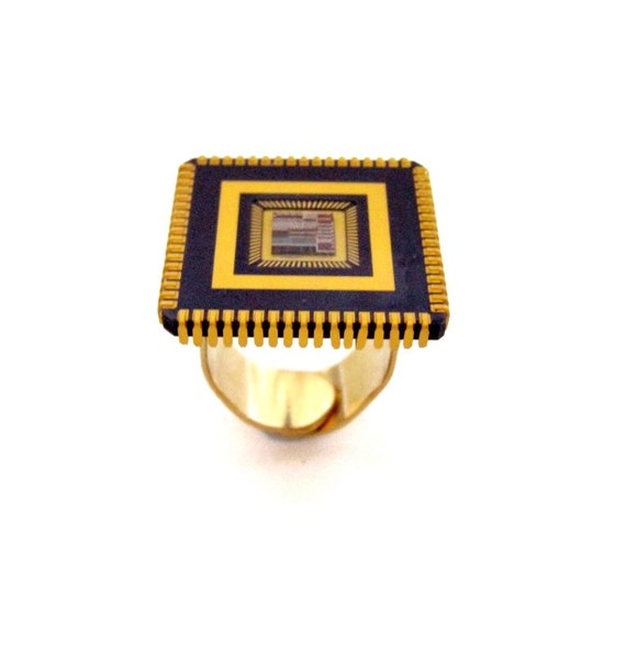 Gold computer chip Ring Adjustable Wearable tech Rectangle