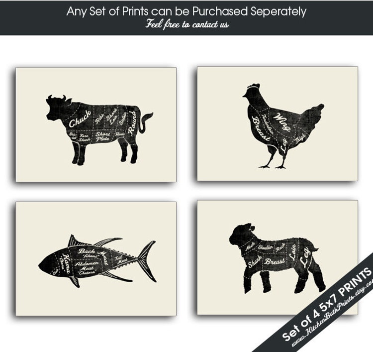 Beef Chicken Fish and Lamb Butcher Diagram by KITCHENBATHPRINTS