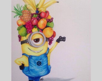 High quality hand-signed print of a Despicable Me minion with a fruit ...