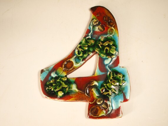 Ceramic Handmade House Number '4' Coral Reef