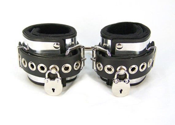 Locking Metal Band Lined Leather Ankle Bondage Cuffs mature