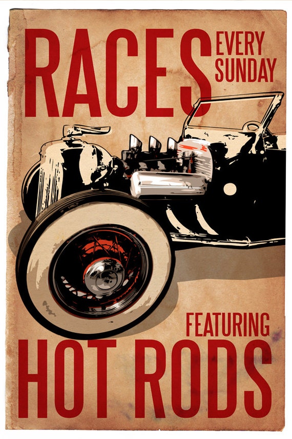 Vintage Car, Hot Rod races, Poster style Art Print, Rockabilly decor ...