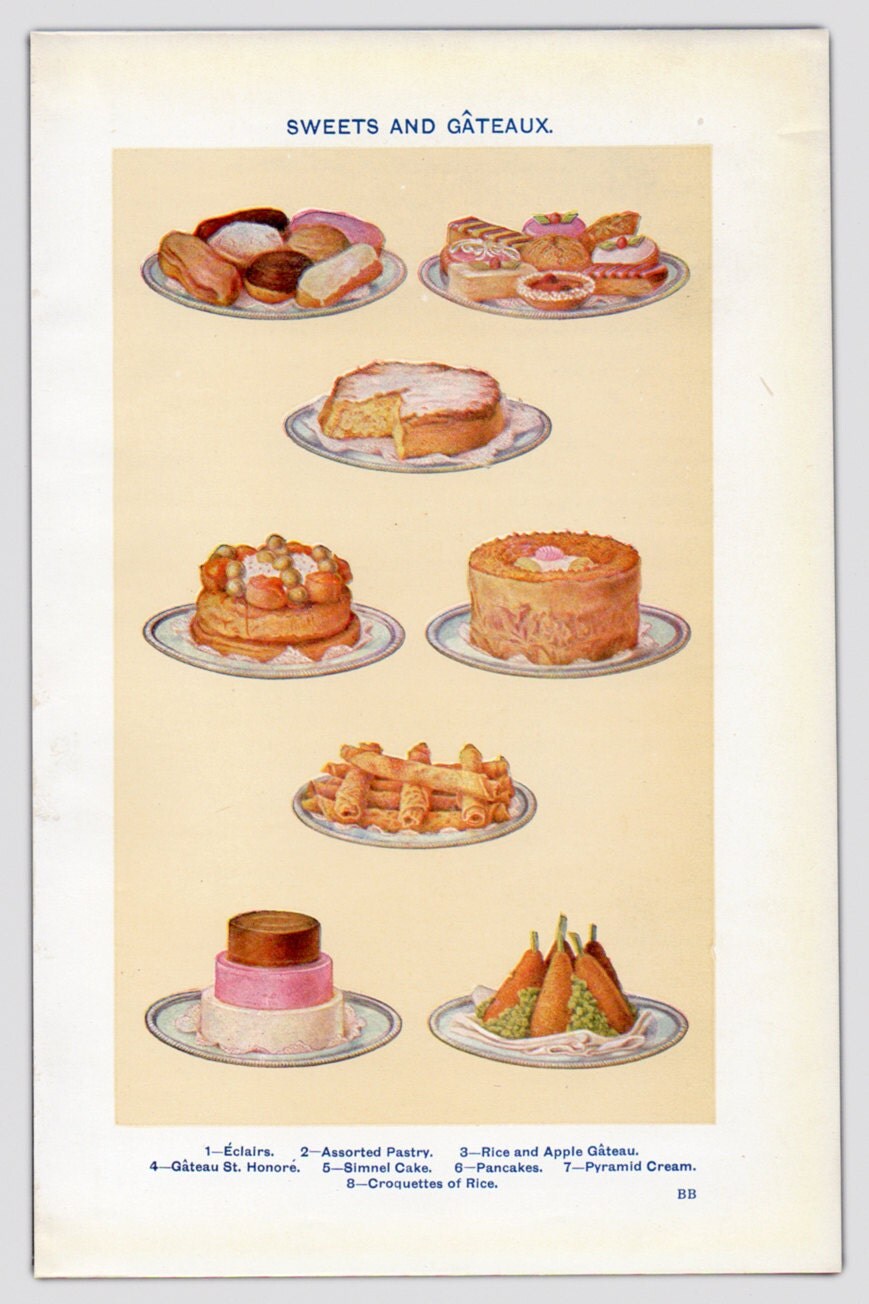 Early 1900’s, Antique Print, Serving Dish, Sweets And Gateaux, Food ...