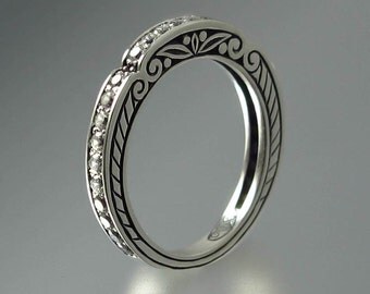 EVERGREEN LAUREL silver band with white sapphire by WingedLion