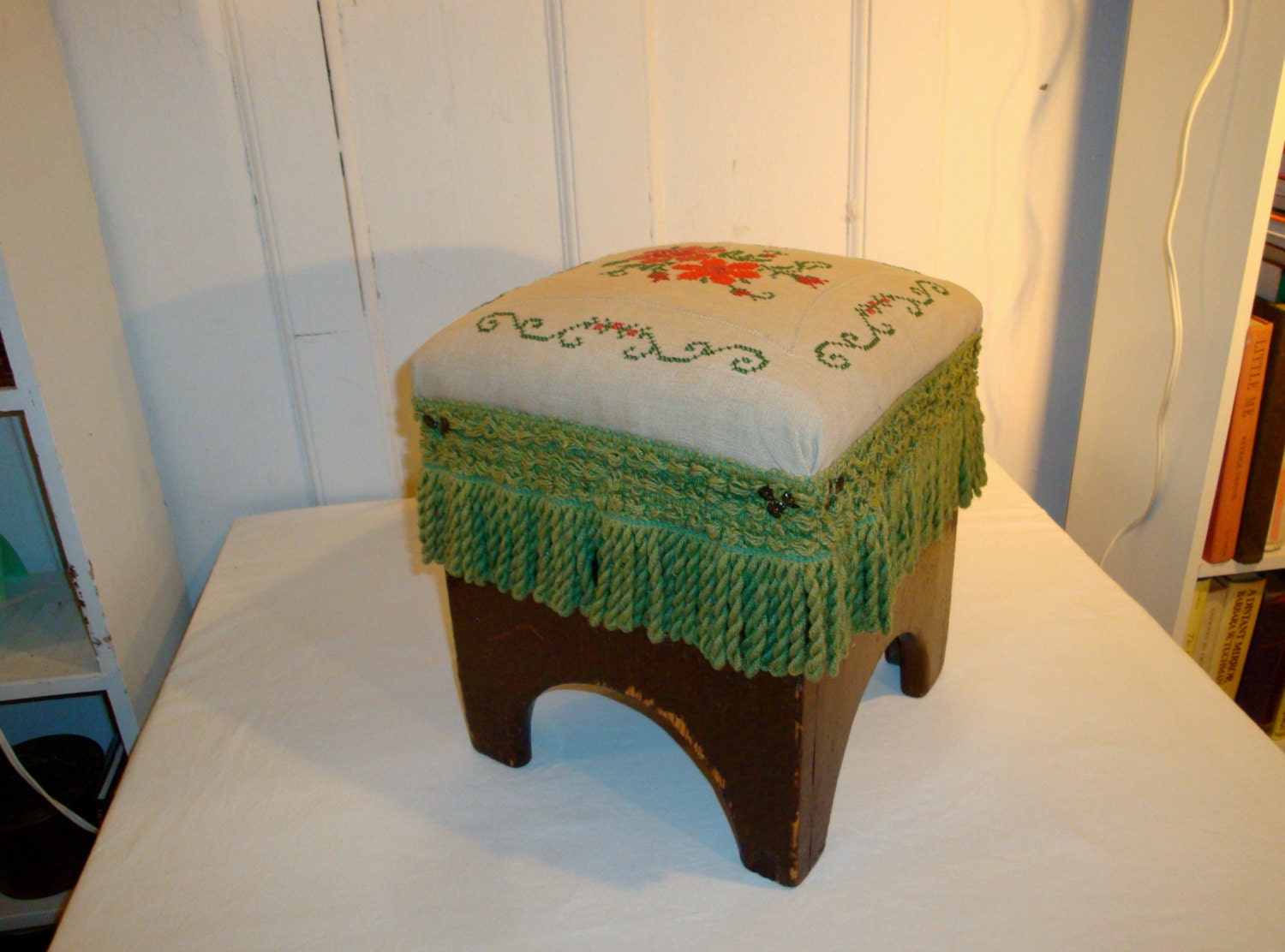 Handmade Vintage Footstool with Embroidered Seat and Dangling Fringe ...