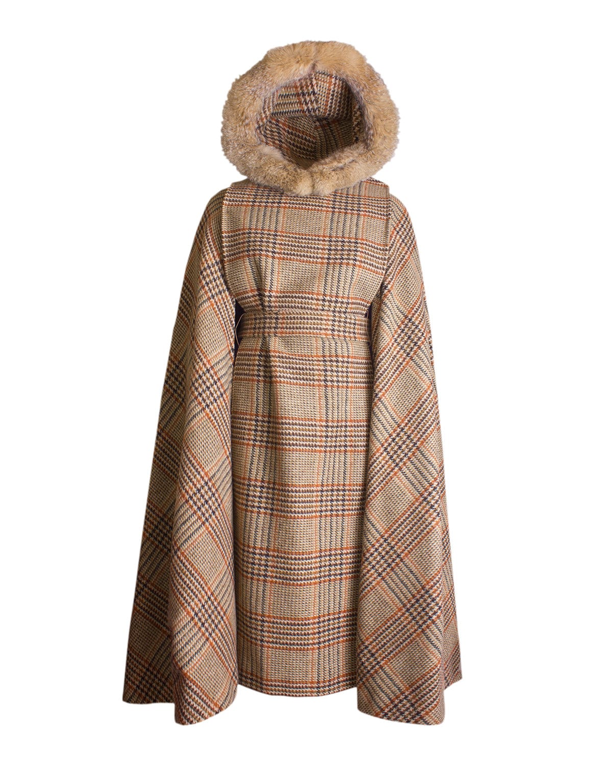 1960s Vintage Brown Plaid Wool Cape Coat with Real Fur Trimmed