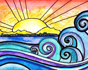 Items similar to Wild Surf sunset sun art print painting beach waves ...