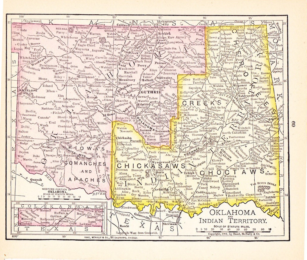 1900 Map Oklahoma and Indian Territory Vintage Antique Map