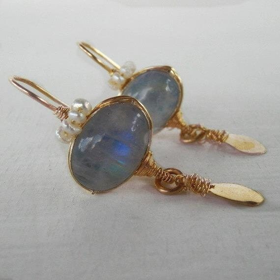 Moonstone Crown Earrings with Freshwater Pearl in 14K Gold