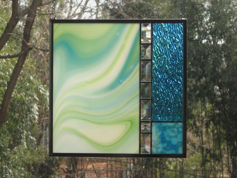 Geometric Blue Stained Glass Panel Suncatcher Blue Ocean Water