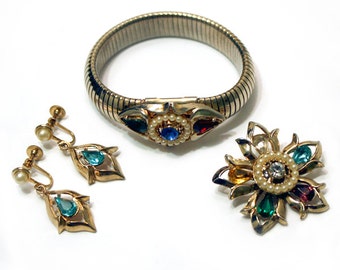 Early Coro Jewelry Set Jeweled Rhinestone Expansion Bracelet Dangle ...