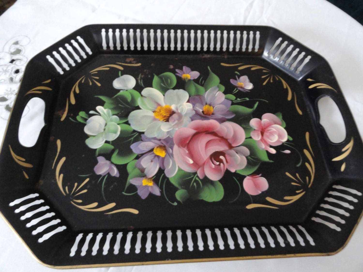 Vintage Painted Metal Tray from the 1950s – Black with Flowers – Haute ...