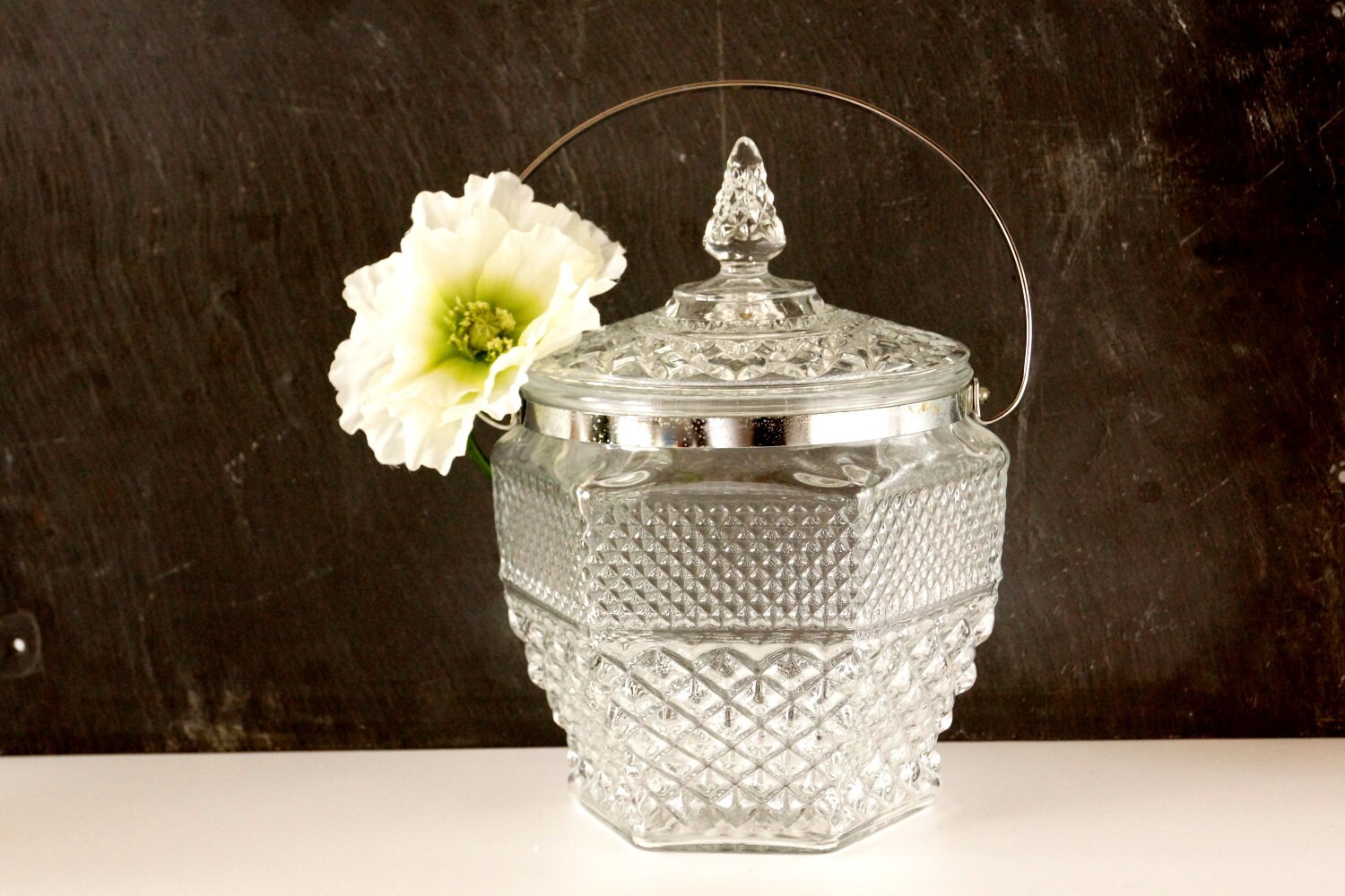 Vintage Large Glass Ice Bucket With Lid And Silver Accents