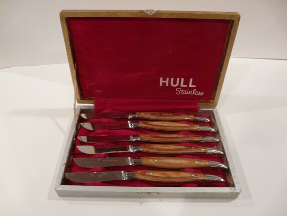 Hull Wooden Stainless Steel Steak Knives Vintage