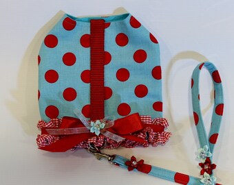 Cat Clothes Turquoise and Red Polka Dot Cat Harness and Matching Leash ...