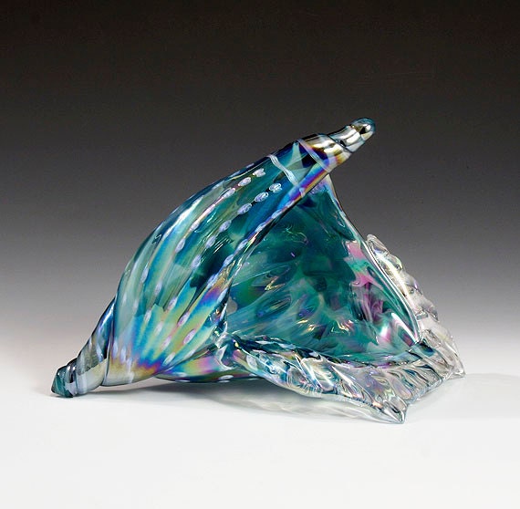 Hand Blown Glass Sea Shell Sculpture Teal By Kevinfultonglass