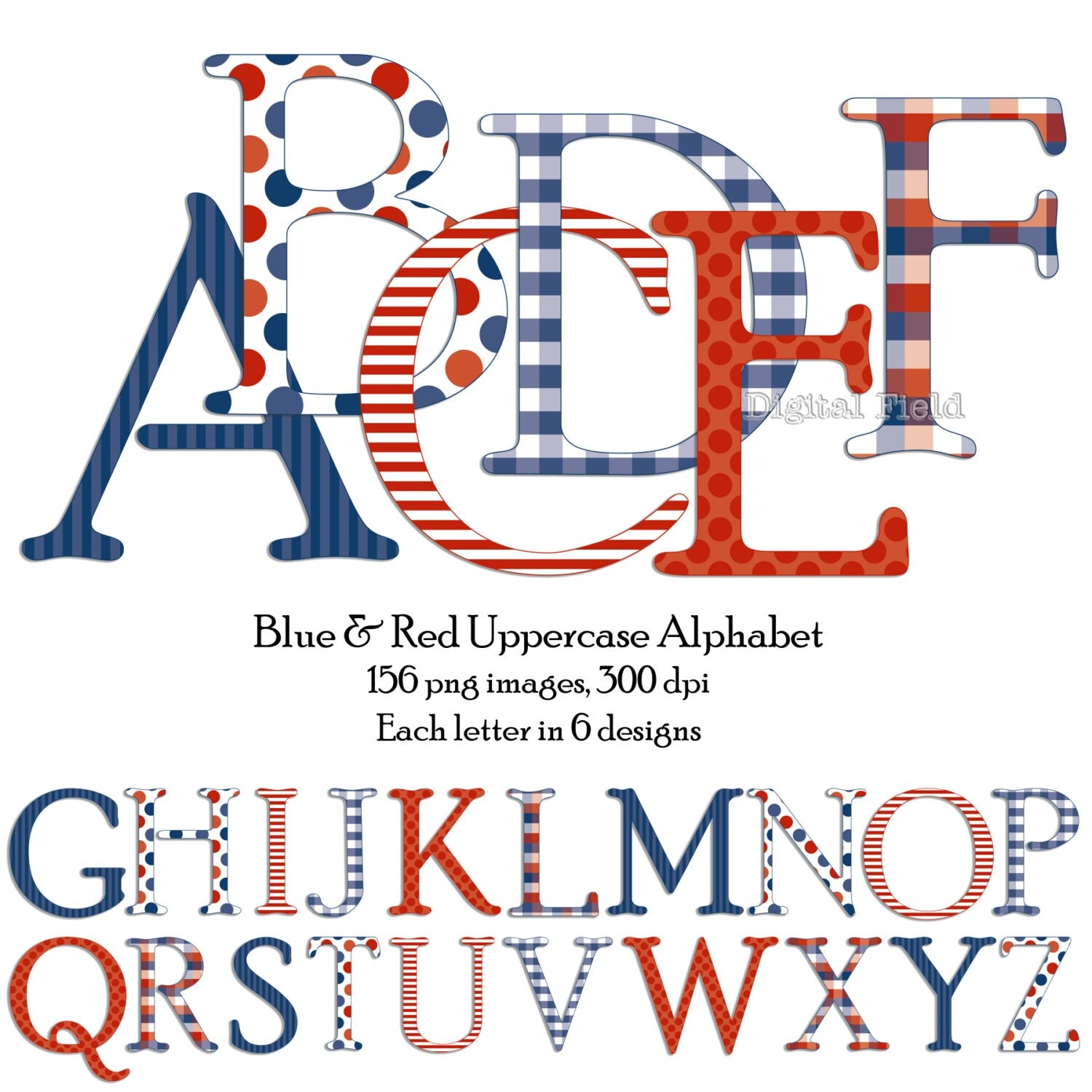 Blue, white & red uppercase alphabet clip art set - printable digital ...