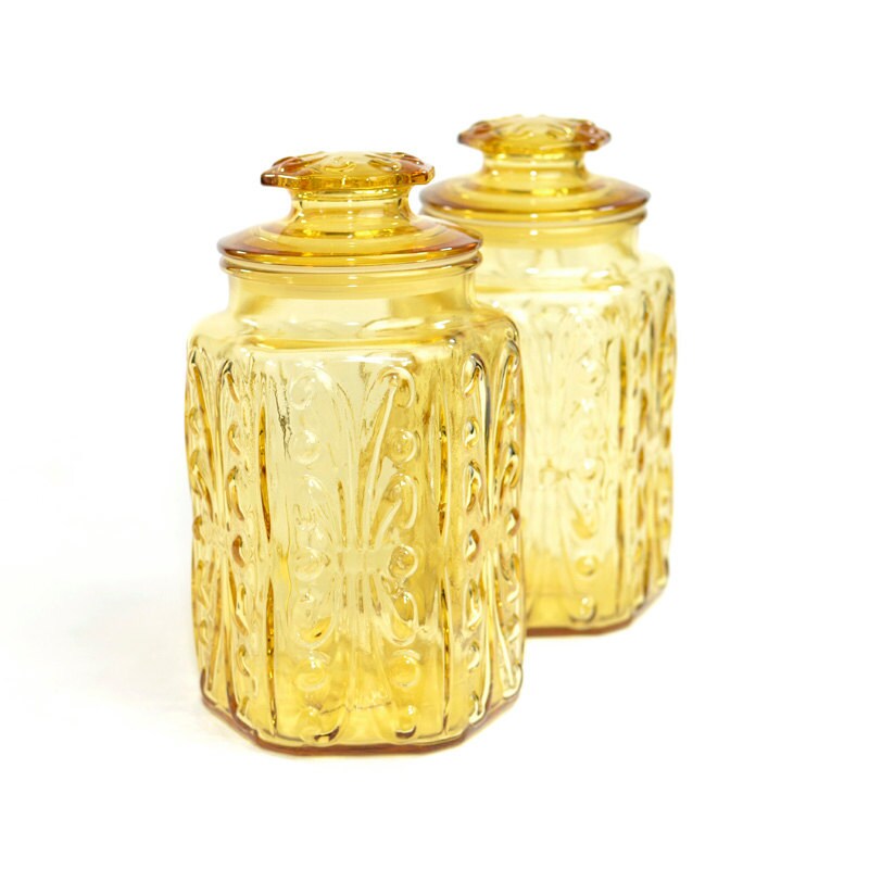 Yellow Amber Canister Jars 2 Tall Large Imperial Glass
