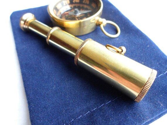 Brass Telescope & Compass Gift Set w/ Velour Bag Pendant