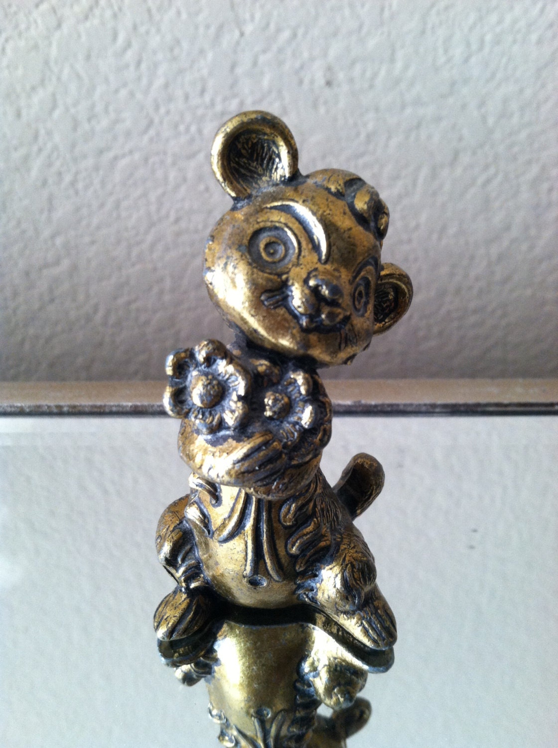 Vintage Gold Metal Mouse Holding Flowers Figurine by 4evrVintage