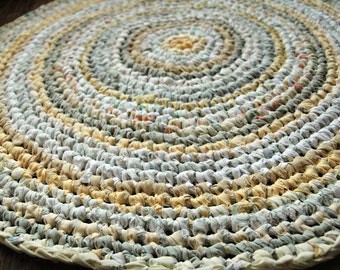 Yellow, White, Moss Green and Light Grey Circular Crocheted Rag Rug