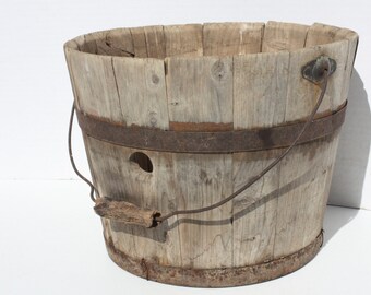 Vintage Wooden Bucket Slatted Primitive Rustic